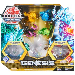 bakugan evolutions, bakugan genesis collection pack, 2 light up bakugan action figures, 4 exclusive bakugan, 2 nanogan, 8 bakugan cards and 4 bakucores, kids toys for boys ages 6 and up