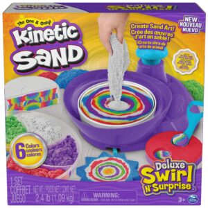 kinetic sand, deluxe swirl n’ surprise playset with 2.5lbs play sand (red, blue, green, yellow, white & purple), 4 tools, sensory toys for kids