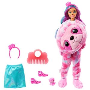 barbie cutie reveal doll, fantasy series sloth plush costume, 10 surprises including mini pet & color change