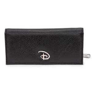 disney wallet, fold over, snap pouch, disney signature d logo silver, black vegan leather