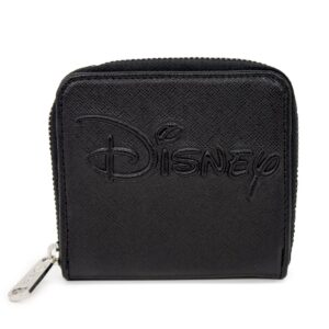 disney wallet, square zip around, disney signature text logo embossed, black vegan leather