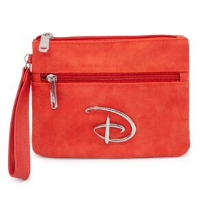 disney wallet, double pocket wristlet, disney signature d silver logo, red, vegan leather