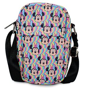 buckle down disney bag, cross body, minnie mouse surprised expression, rainbow multi color, vegan leather