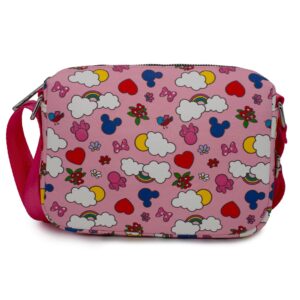 disney bag, crossbody, mickey and minnie rainbow and flowers, pink vegan leather