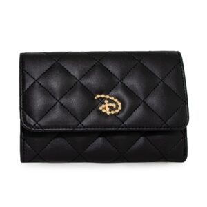 disney wallet, foldover, disney signature d logo faux pearl gold, black vegan leather