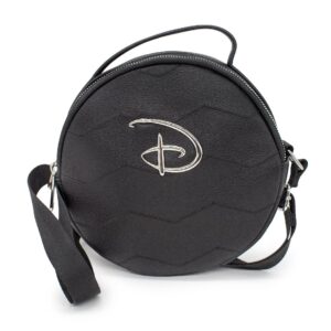 disney bag, cross body, round, signature d logo, silver emblem, chevron zig zag stitch, black, vegan leather