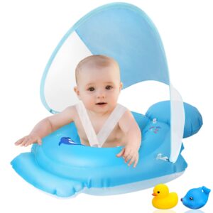 baby pool float with canopy, baby swimming float add tail no flip, infant pool float, inflatable toddler pool float with toys for age of 3-36 month (large)