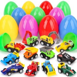 easter eggs prefilled with 12 pcs dinosaur toys figures, colorful easter egg fillers, cake toppers, easter basket stuffers toy gifts party favor for kids (pull back cars)