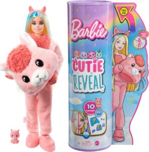 barbie cutie reveal doll, fantasy series llama plush costume, 10 surprises including mini pet & color change