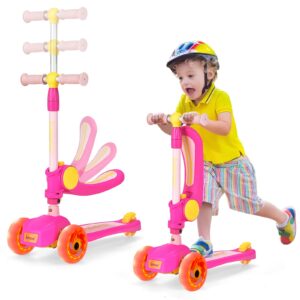 infans 3 wheel scooter for kids, 2 in 1 learn to steer kick scooters with removable seat, led flashing wheels, adjustable height, wide deck, outdoor activities toy gift for girls boys ages 3-8 (pink)