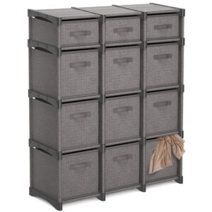 12 cube storage organizer, gray storage cubes organizer shelves, sturdy cubbies storage shelves with cube storage organizer bins, diy cube shelf organizer for bedroom, playroom, office, & dorm