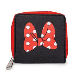 buckle down disney wallet, square zip around, minnie mouse polka dot bow, vegan leather