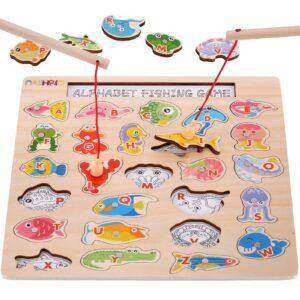 nashrio magnetic wooden fishing game toy for toddlers, alphabet fish catching games puzzle with letters, preschool learning abc educational toys for 3 4 5 6 years old girl boy kids