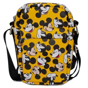 buckle down disney bag, cross body, mickey mouse through the years expressions scattered, yellow, vegan leather