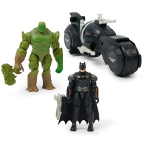 dc comics, batman and swamp thing armory attack batcycle set, exclusive armored batman and swamp thing action figure with accessories, kids toys for boys and girls ages 4 and up