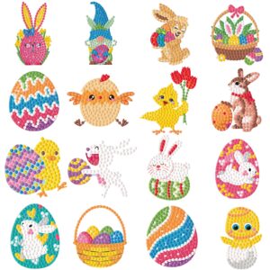 derfilin 16pcs diamond painting stickers set for kids, 5d easter eggs bunny mosaic stickers, diy creative crafts for boys and girls gem art set