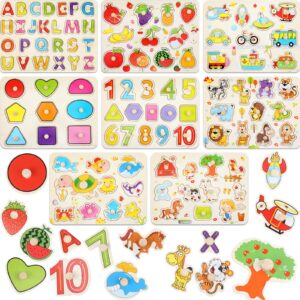 8 set wooden peg puzzles for toddlers 2-4 years alphabet number animal vehicles puzzles board for kids educational learning puzzles toys for children babies boys girls (lovely)