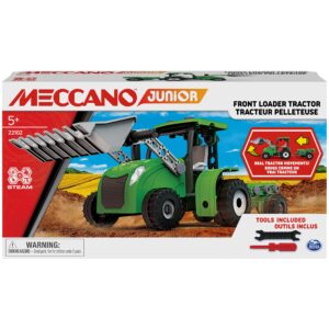 meccano junior, front loader tractor with moving parts and real tools, toy model building kit, stem toys for kids ages 5 and up