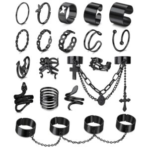 fibo steel 18pcs gothic punk chain finger rings for women men y2k black stackable rings snake chain rings open adjustable knuckle emo rings punk gothic jewelry