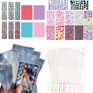 toovro 52 pcs photo card holders for kpop diy suit penny sleeves 10 card protectors hard plastic holographic sleeves with chains 22 korean stickers ribbon heart letter charm rose devil horn stickers