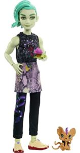 monster high deuce gorgon doll in signature look with denim snake jacket & accessories, pet mouse perseus