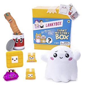 lankybox giant mystery box: wearable boxy case, 2 figures, one 6” glow-in-the-dark plush, a squishy , pop-it fidget toy, canny with pop-out sticky, and 3 stickers