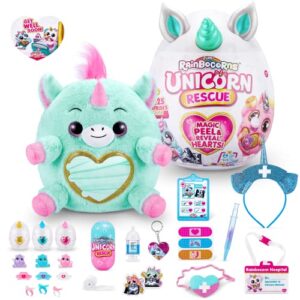 rainbocorns unicorn rescue surprise (blue) by zuru, collectible plush stuffed animal, egg toys, x-ray sticker pack, magical slime, headband, ages 3+ for girls, children (disco the unicorn plush)