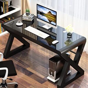 samery computer desk home office desks, 55.1 inch modern simple office black glass desk computer table study gaming writing desk, fashion strength tempered glass office laptop desk