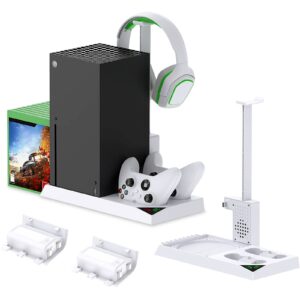 vertical cooling stand for xbox series x, dual controller charging dock station for xbox series x cooling fan with 2 pack 1400mah rechargeable batteries, 10 games storage and headset stand, white