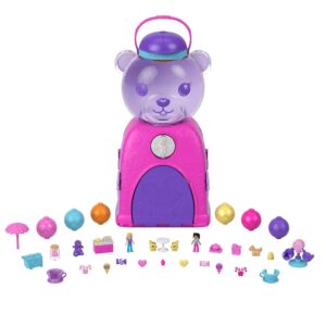 polly pocket travel toy, gumball bear playset with 2 micro dolls & 26 surprise accessories, animal toy compact