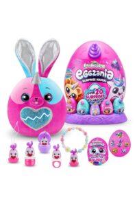 rainbocorns eggzania surprise mania series 1 (bunny) by zuru, collectible plush stuffed animal, surprise eggs, 5 mini eggs, stickers, diy jewelry, slime, ages 3+ for girls, children