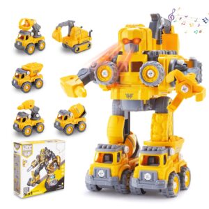 powerextra stem toys for 5 6 7 8 9 years old boys, take apart robot toys trucks set with [robot sounds & flashing lights]- 5 in 1 construction toys for kids at age 8-12