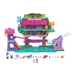 polly pocket doll house with 2 micro dolls, toy car, doll furniture & 4 pets, expandable pet adventure house