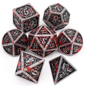 haxtec blood splatter metal dnd dice set w/gift leather dice bag bloodstained d&d dice spider web pattern polyhedral dice for dungeons and dragons ttrpg games