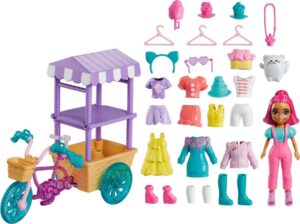 polly pocket playset with 3-inch doll, 25+ food and clothing accessories, treats & trends bicycle cart fashion pack