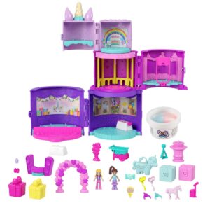 polly pocket 2-in-1 unicorn toy playset, spin 'n surprise birthday with micro polly & lila dolls, plus 25 accessories