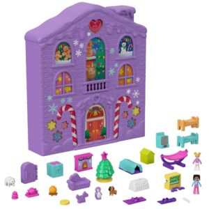 polly pocket advent calendar, winter house design, 25 surprises including 2 micro dolls, 3 animal figures, furniture & accessories