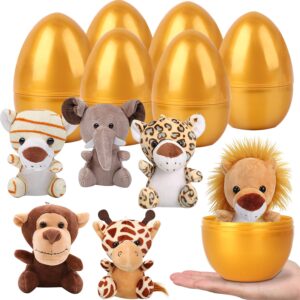 yujun 6pc easter eggs with plush animal toys, mini stuffed animals for kids party favors, basket stuffers & egg fillers