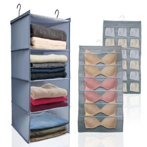 taoomeho hanging closet organizers and storage set,4-shelf foldable hanging storage shelves and dual-sided storage bags，great for clothes bag bra underwear underpants socks organization storage，gray