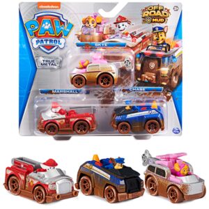 paw patrol 6060795 3 pack true metal ride on mud cars with skye, chase and marshall 1:55 scale kids toy