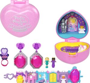 polly pocket collector compact with 2 dolls, keepsake collection royal ball jewelry accessories set, collectible toy with unicorn castle theme