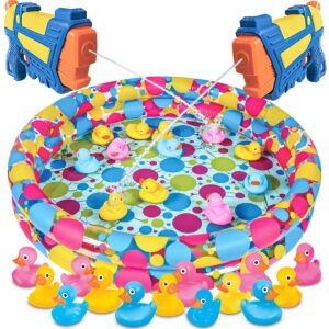 gamie duck’em down shooting game, carnival duck pond game with 1 inflatable pool, 2 water guns, and 20 ducks, backyard games for kids, outdoor summer toys, and carnival theme party decorations