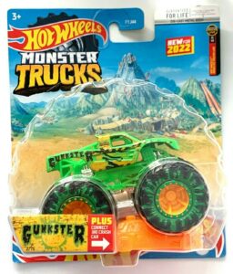 diecast hot wheels monster trucks gunkster, 1:64 scale truck 2/75 plus connect and crash car