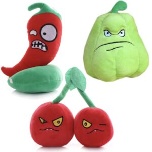 suyudian 3 pcs pvz plant and zombies plush plants sets 1 2 stuffed soft toys chili, double cherry, wogua pvz figure doll, great gifts for boys and girls new