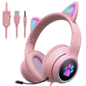 midola gaming wired aux 3.5mm cat ear headphone over ear led light fit adult & kids girl boy foldable stereo headset earmuffs with mic for pc ps4 game cellphone laptop pad pink