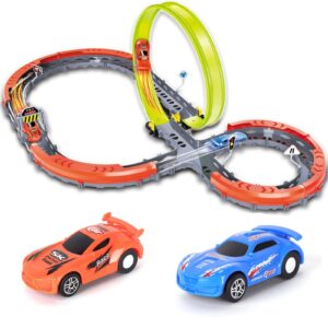 race car track set, assembled car track toys with 27 pcs building kits, 2 high speed race cars, 360° loop x-type crossing track for kids 3+ ages birthday (a race car set)