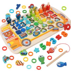 busy school bus learning montessori toys for preschool toddlers, puzzles, math games, numbers, shapes classifiers, counting, stacking and fishing, activity gifts for boys and girls of 3 to 5 years