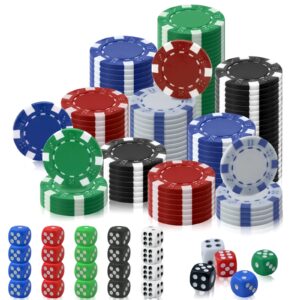 vmiapxo 105 pcs poker chip set, 5 color professional casino poker chips 6 sided colorful assorted dice for card board game