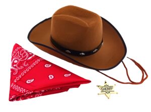 children's cowboy, sheriff theme costume dress up set for boys and girls - cowboy hat, bandana and gold sheriff badge (brown)