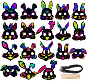 easter mask craft kit, 54 pcs scratch art for kids, kids magic rabbit masks, scratch paper animal masks with 18 wood stylus, diy rainbow scratch art masks for halloween, animal birthday party